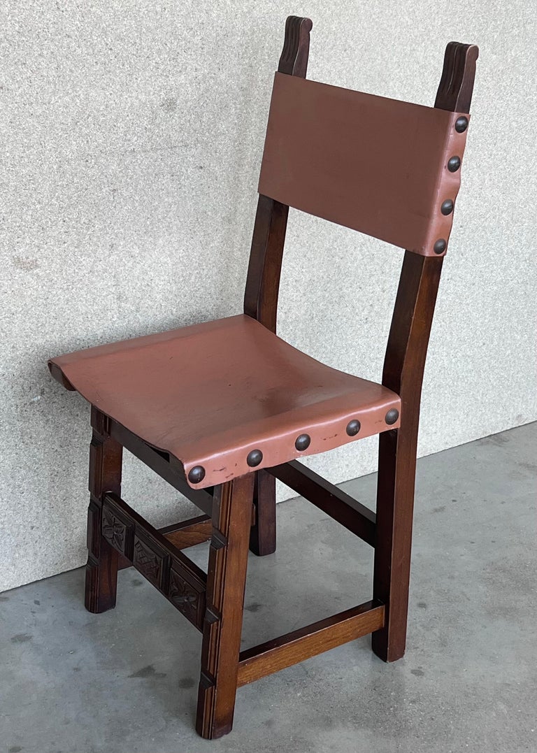 19th Set of Six Spanish Carved Chairs with Leather Seat and Back For ...