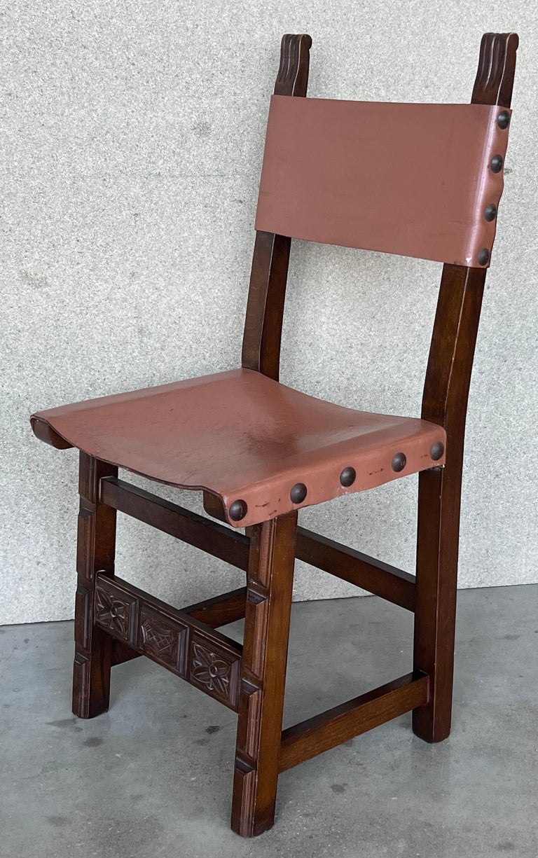 19th Set of Six Spanish Carved Chairs with Leather Seat and Back For ...