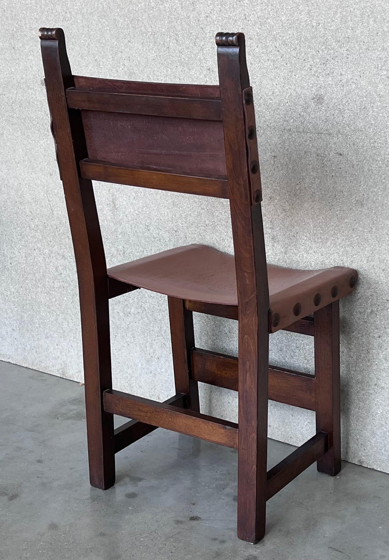 19th Set of Six Spanish Carved Chairs with Leather Seat and Back For ...