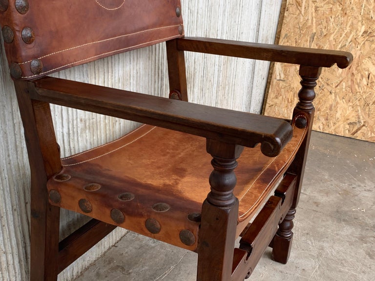 19th Spanish Colonial Throne Armchair with Leather For Sale at 1stDibs