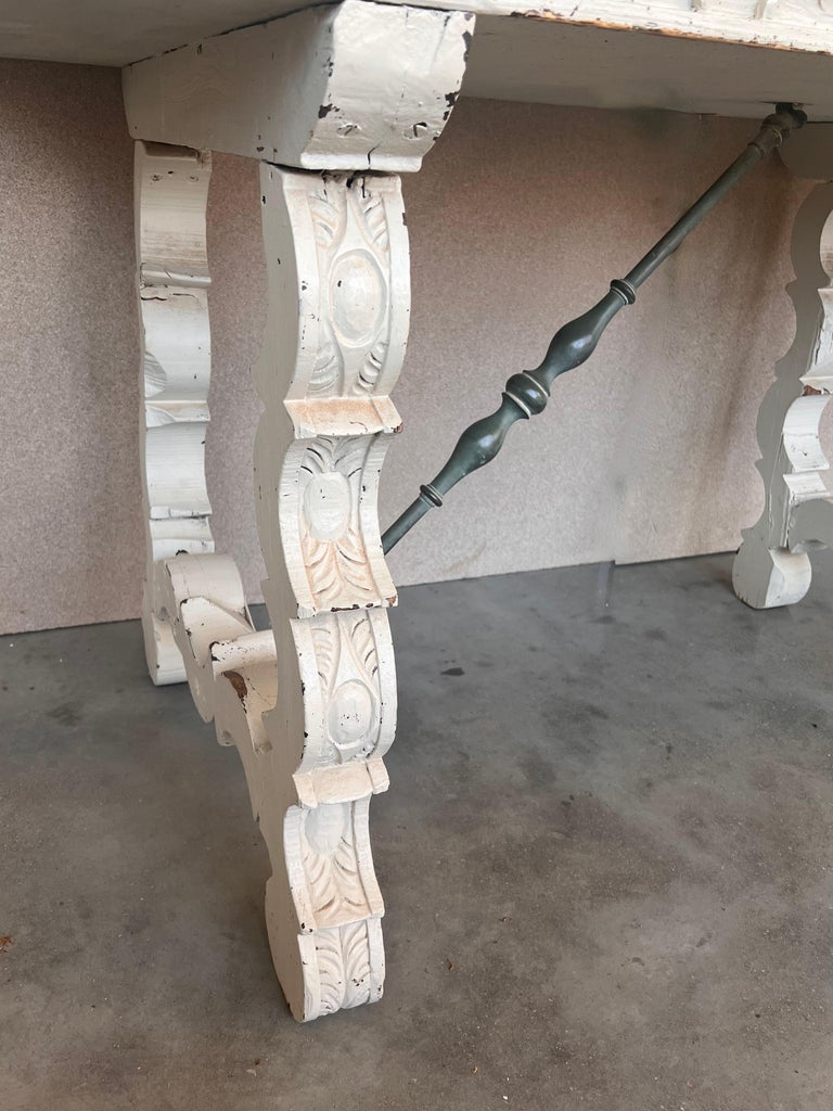 19th White Painted White Country Lyre Legs Large Console or Center ...