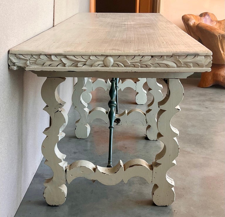 19th White Painted White Country Lyre Legs Large Console or Center ...