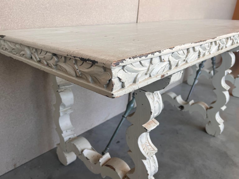 19th White Painted White Country Lyre Legs Large Console or Center ...
