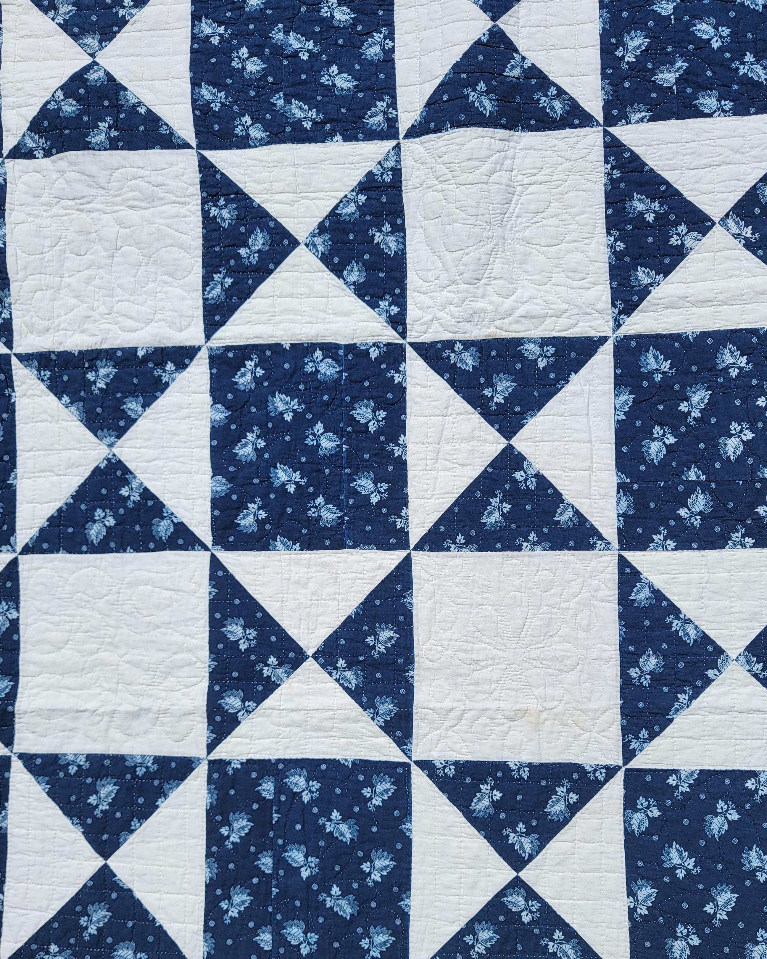 19Thc Blue and White Eight Point Star Quilt W/ Fringe For Sale at 1stDibs
