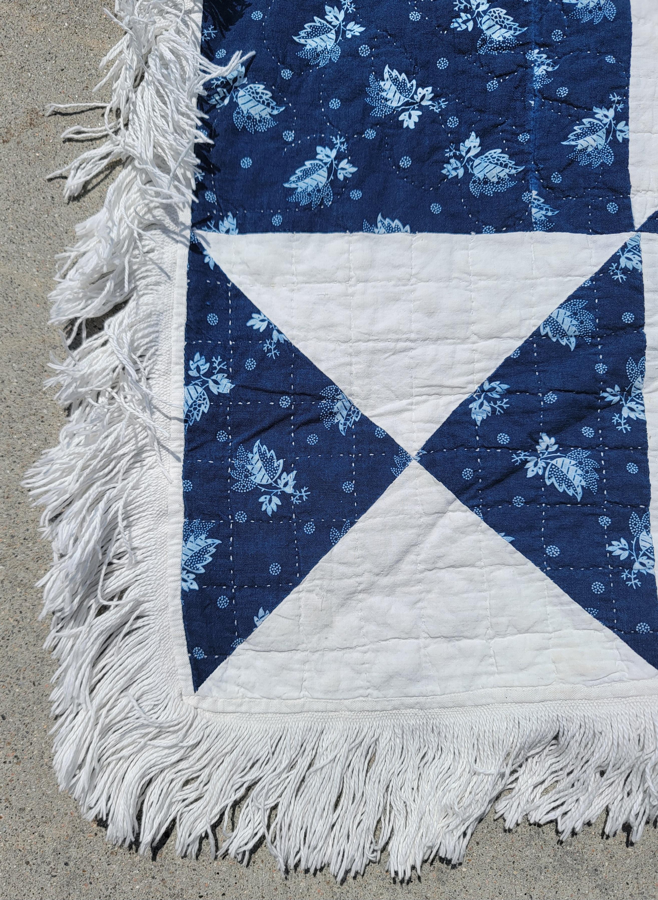 19Thc Blue and White Eight Point Star Quilt W/ Fringe For Sale at 1stDibs