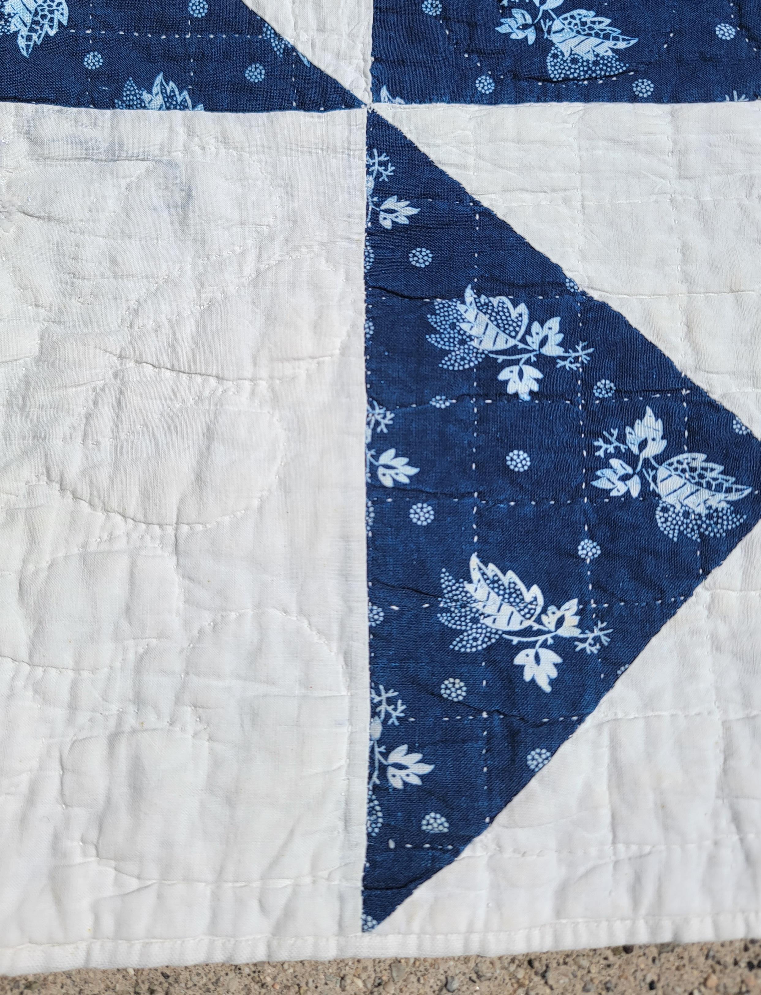 19Thc Blue and White Eight Point Star Quilt W/ Fringe For Sale at 1stDibs