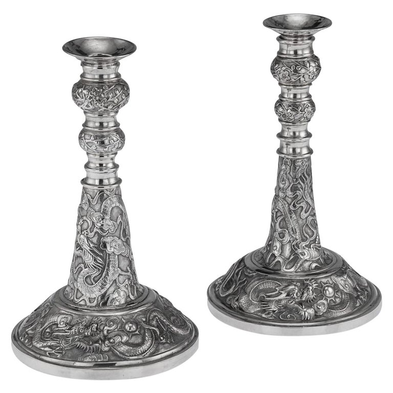19th Century Chinese Solid Silver Candlesticks, Wang Hing, Canton ...