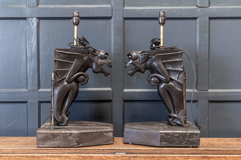 19th C Ebonised Carved Winged Serpent Gargoyle Table Lamps For Sale at ...