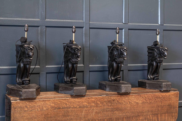 19th C Ebonised Carved Winged Serpent Gargoyle Table Lamps For Sale at ...