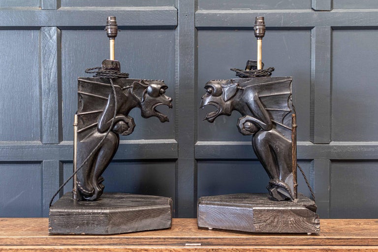 19th C Ebonised Carved Winged Serpent Gargoyle Table Lamps For Sale at ...