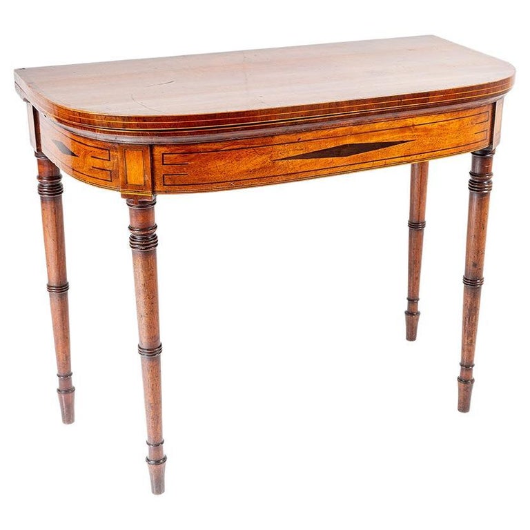 19thC George III Mahogany Fiddle Back Folding Card Table with Green ...