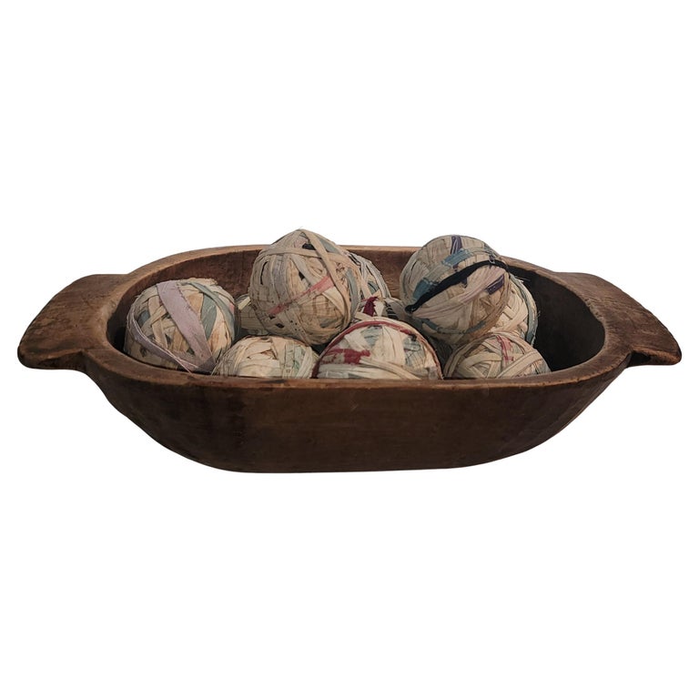 19th Century Hand Carved Dough Bowl with Rag Balls For Sale at 1stDibs