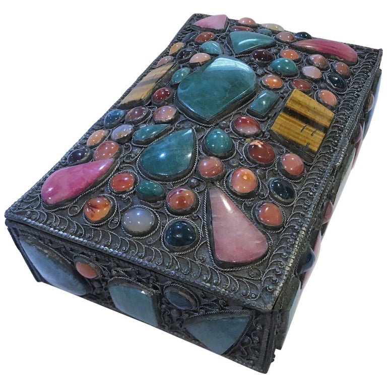 19th Century Mixed Metals Handmade Gem Stone Jewelry Box For Sale at ...