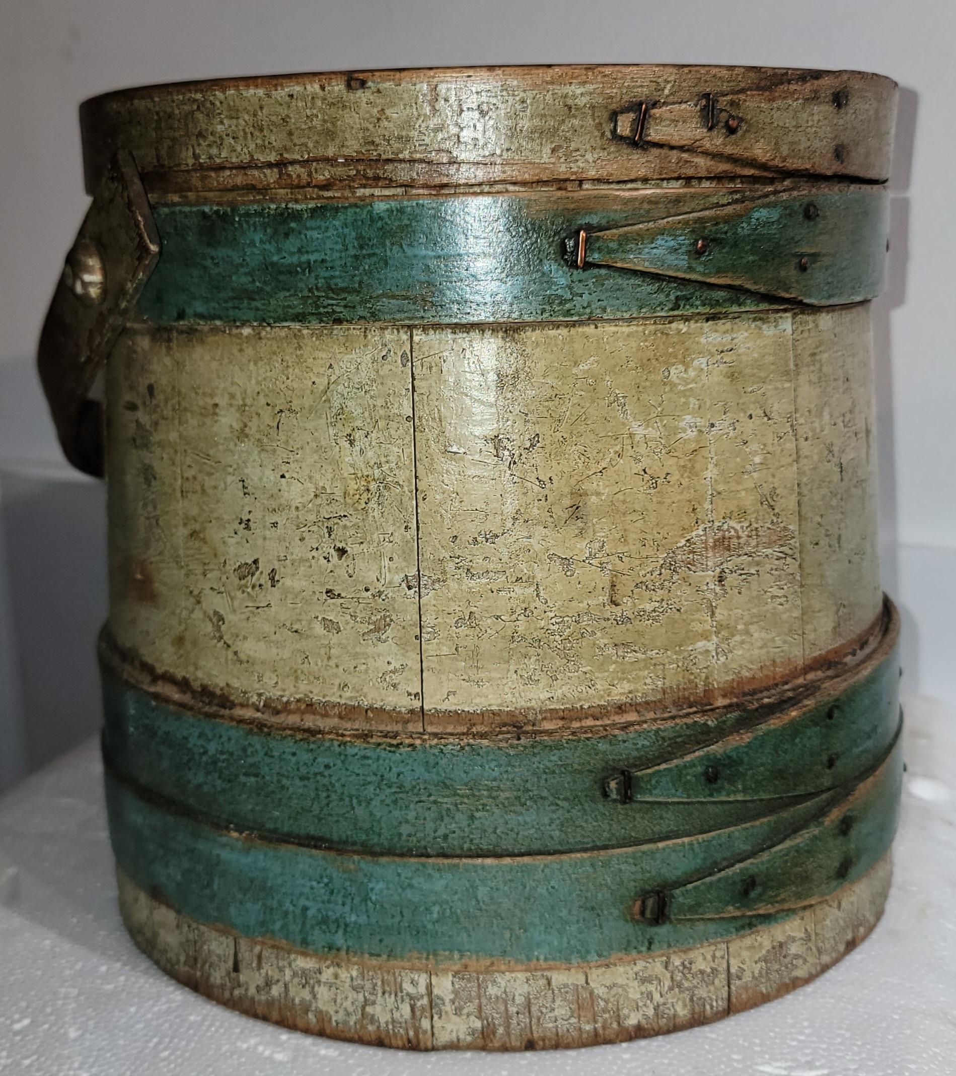19thc Original Blue and Mustard Painted Furkin/Bucket For Sale at 1stDibs