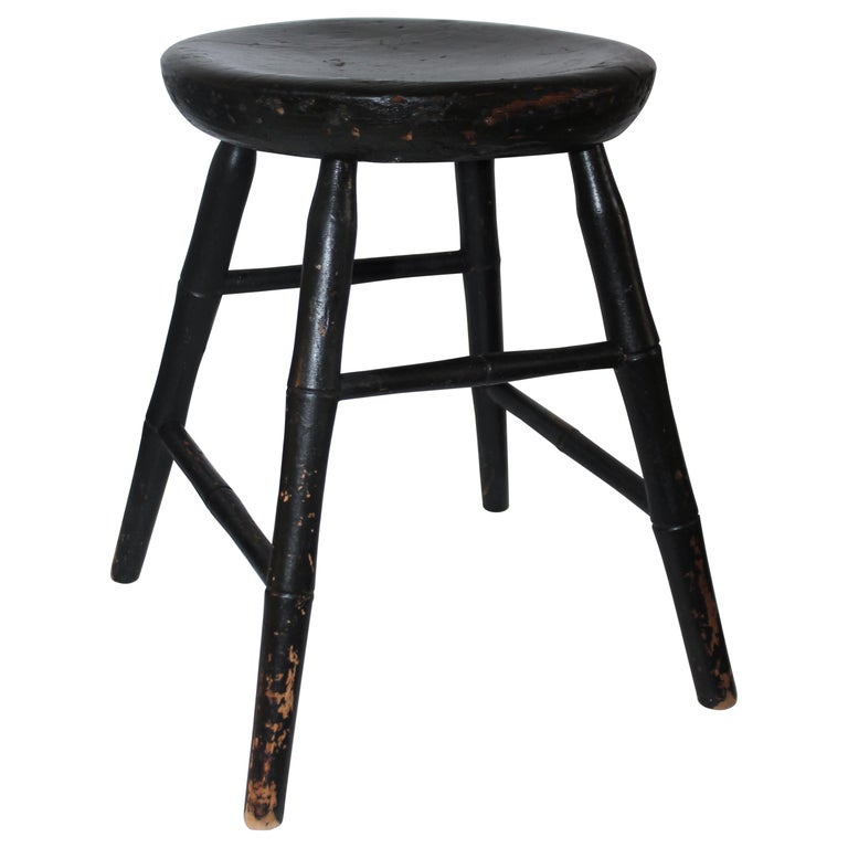 19th C Original Painted Green Windsor New England Stool at 1stDibs