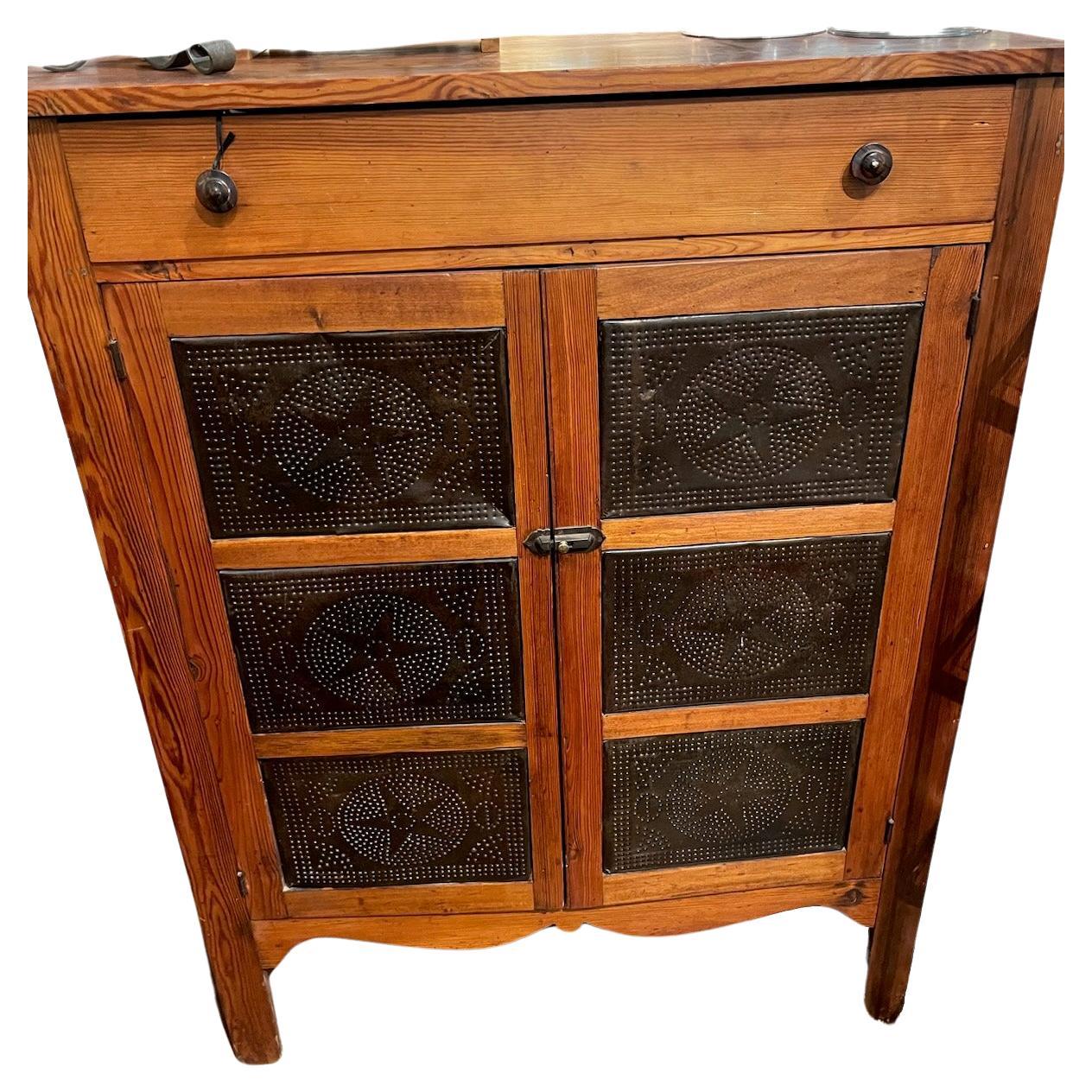 19Thc Pine and Punched Tin Doors Pie Safe Cabinet For Sale at 1stDibs