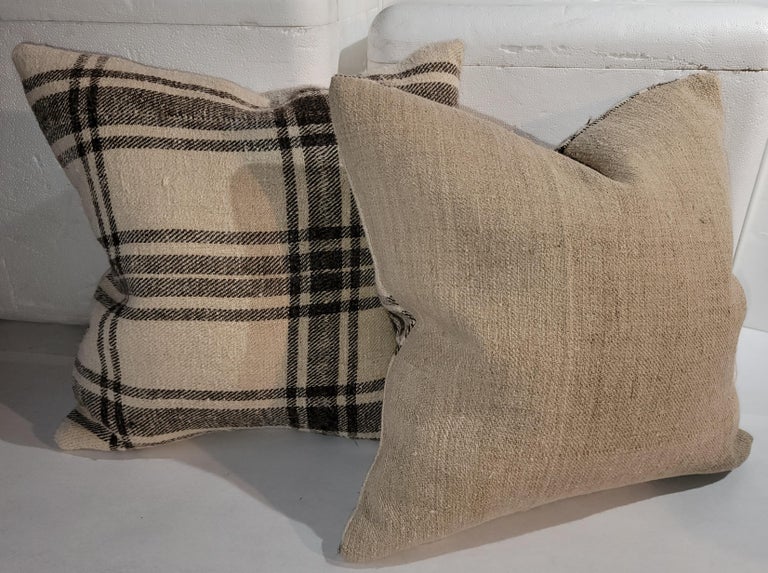 19th Century Plaid Homespun Linen Pillows, Pair For Sale at 1stDibs