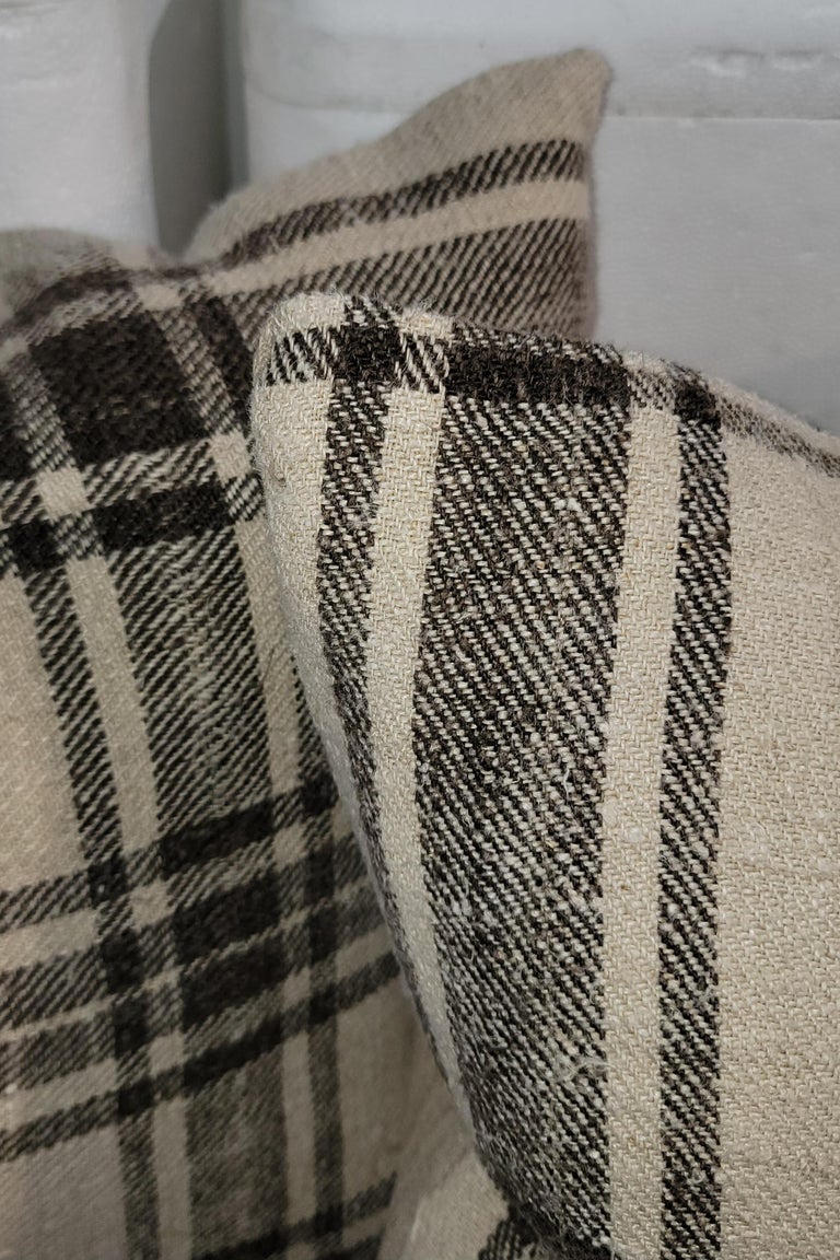 19th Century Plaid Homespun Linen Pillows, Pair For Sale at 1stDibs
