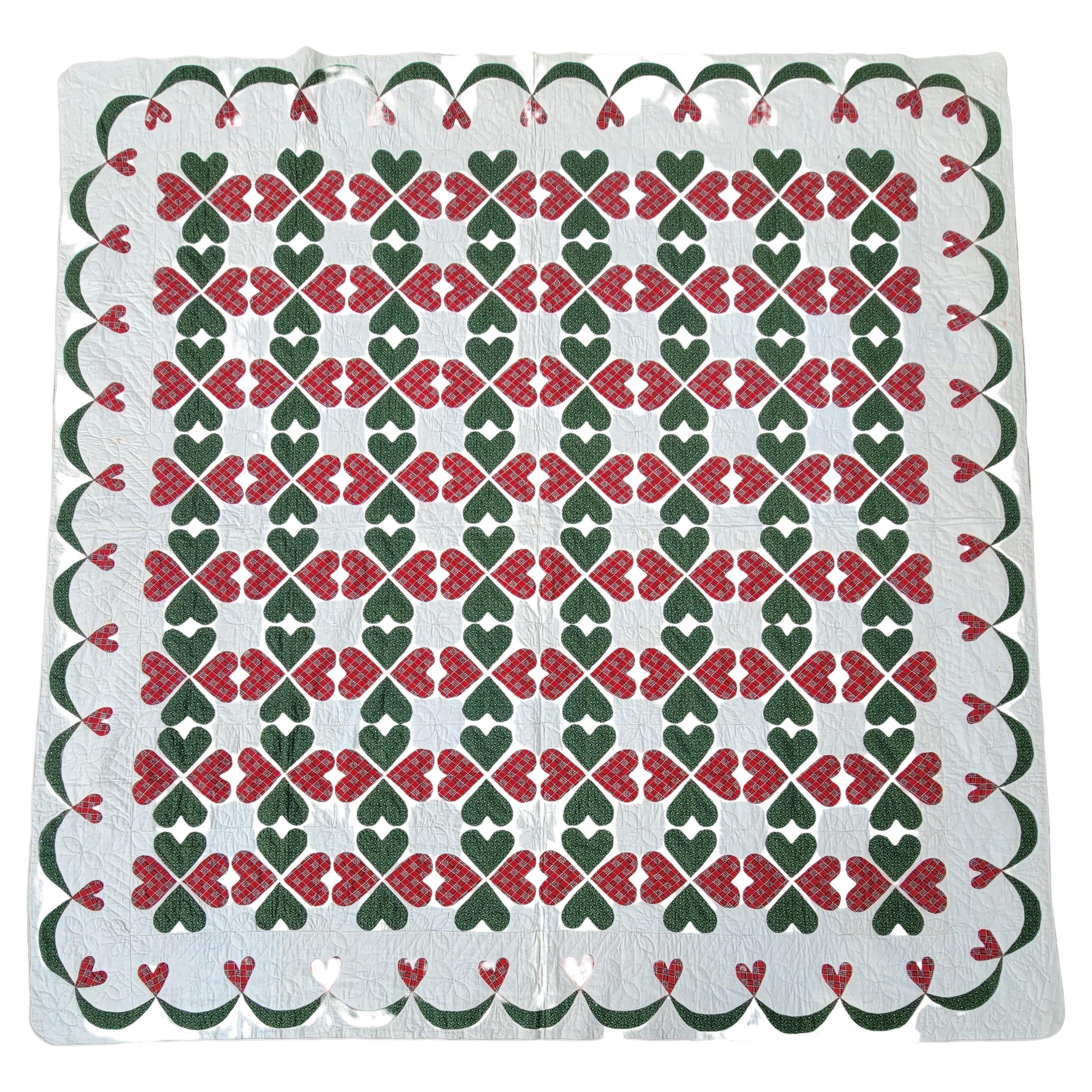 19thc Red and Green Double Hearts Applique W/ Swag Border For Sale at ...