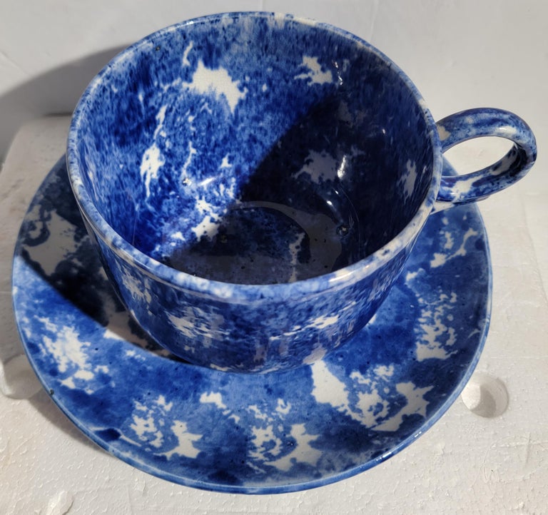 19th C Sponge Mush Cups and Saucers, Set of Four For Sale at 1stDibs