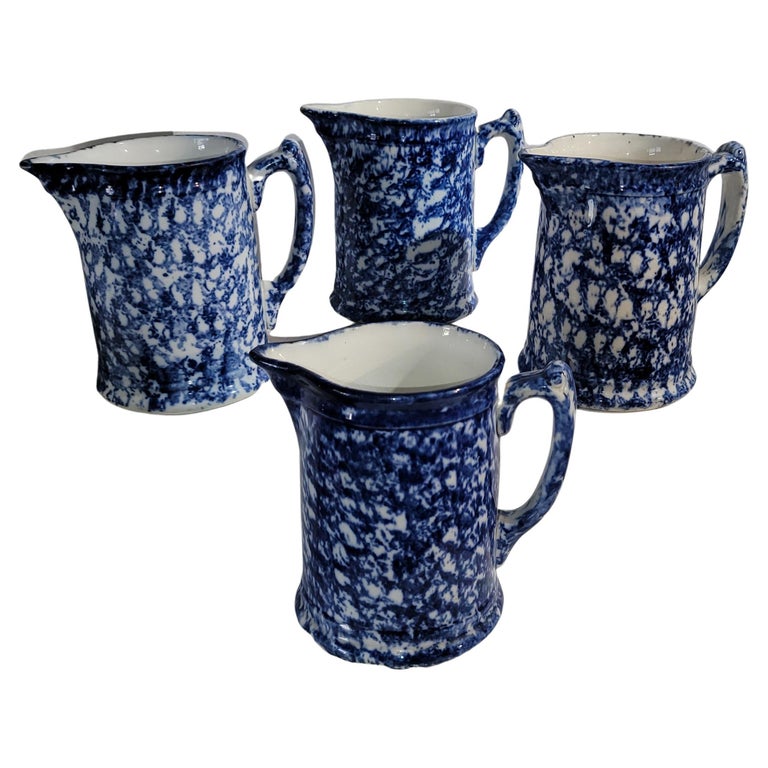 19thc Sponge Ware Blue and White Pitchers Collection, 4 For Sale at 1stDibs