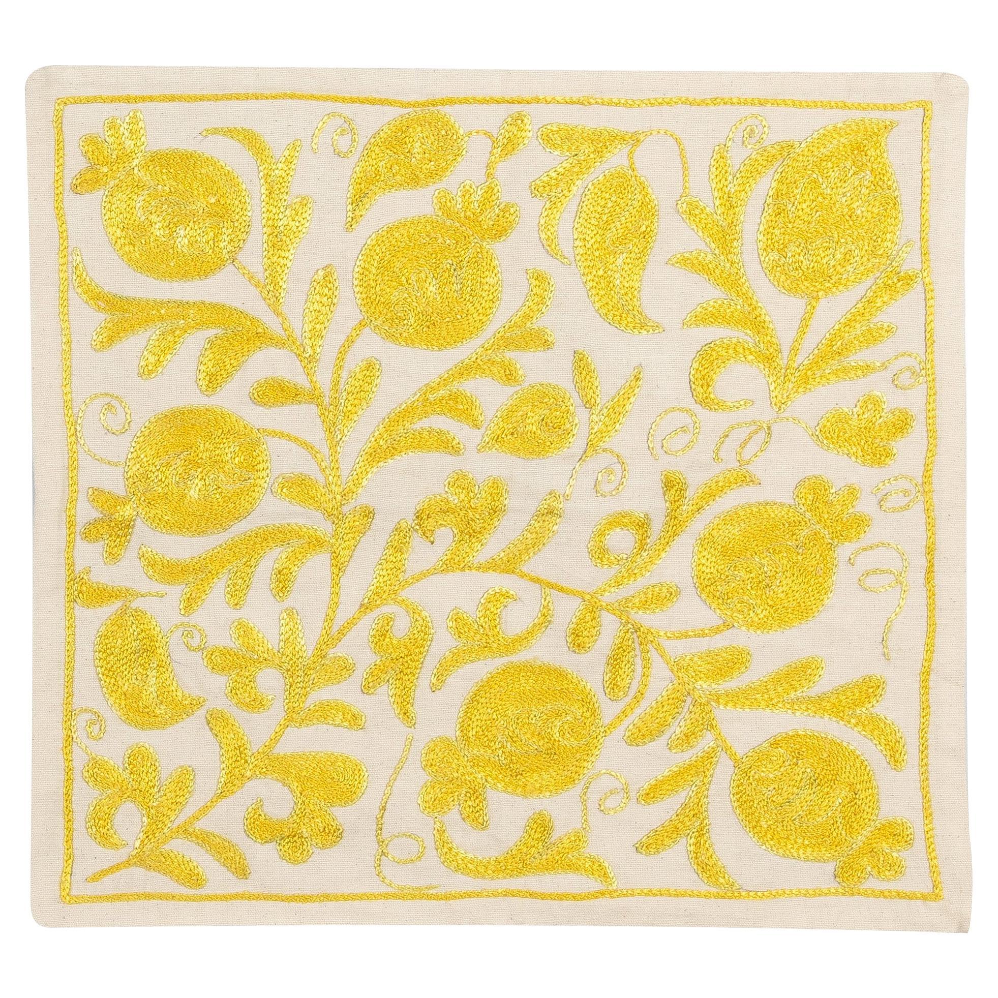 19"x19" Decorative Silk Embroidered Suzani Cushion Cover in Ivory ...