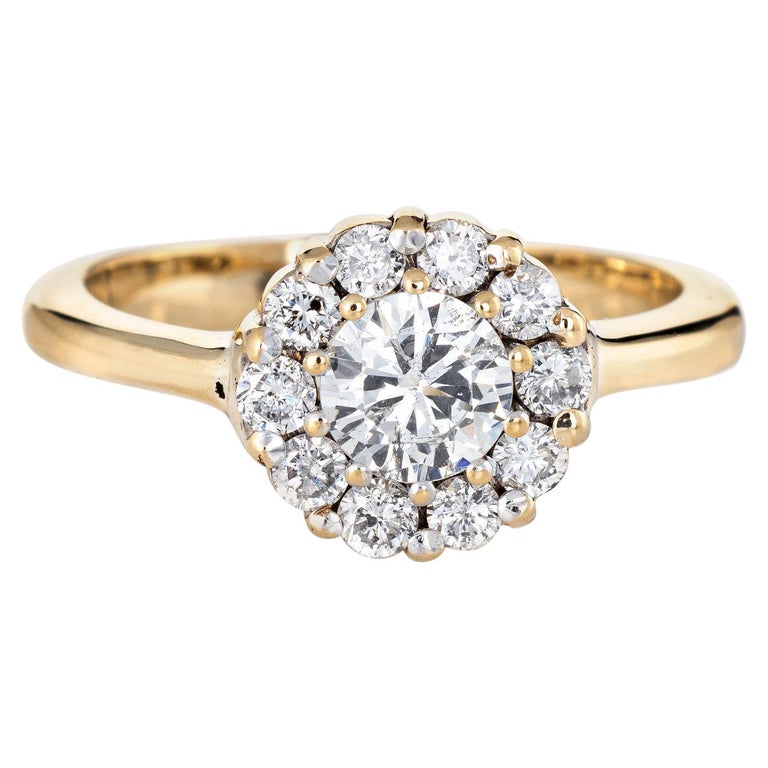 1ct Round Diamond Cluster Ring Halo Engagement 14k Yellow Gold Vintage ...