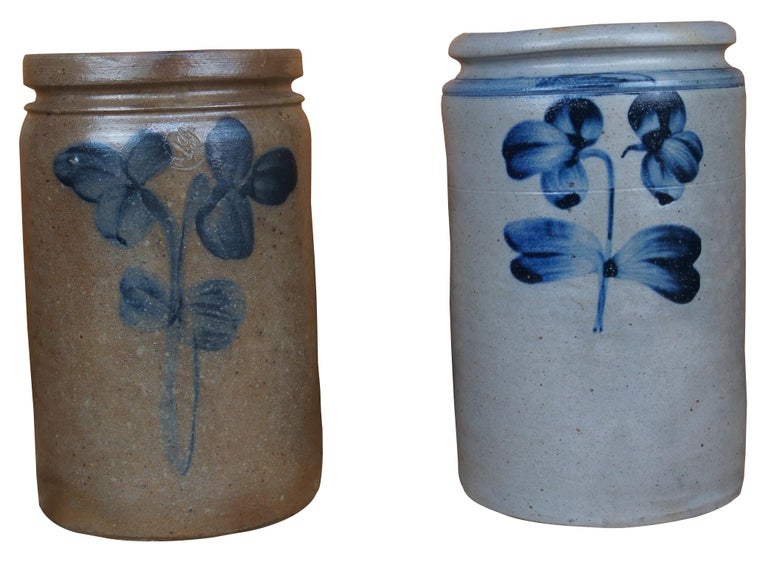 2 Antique 19th C Stoneware Double Clover Peter Herrmann Crock Cobalt ...
