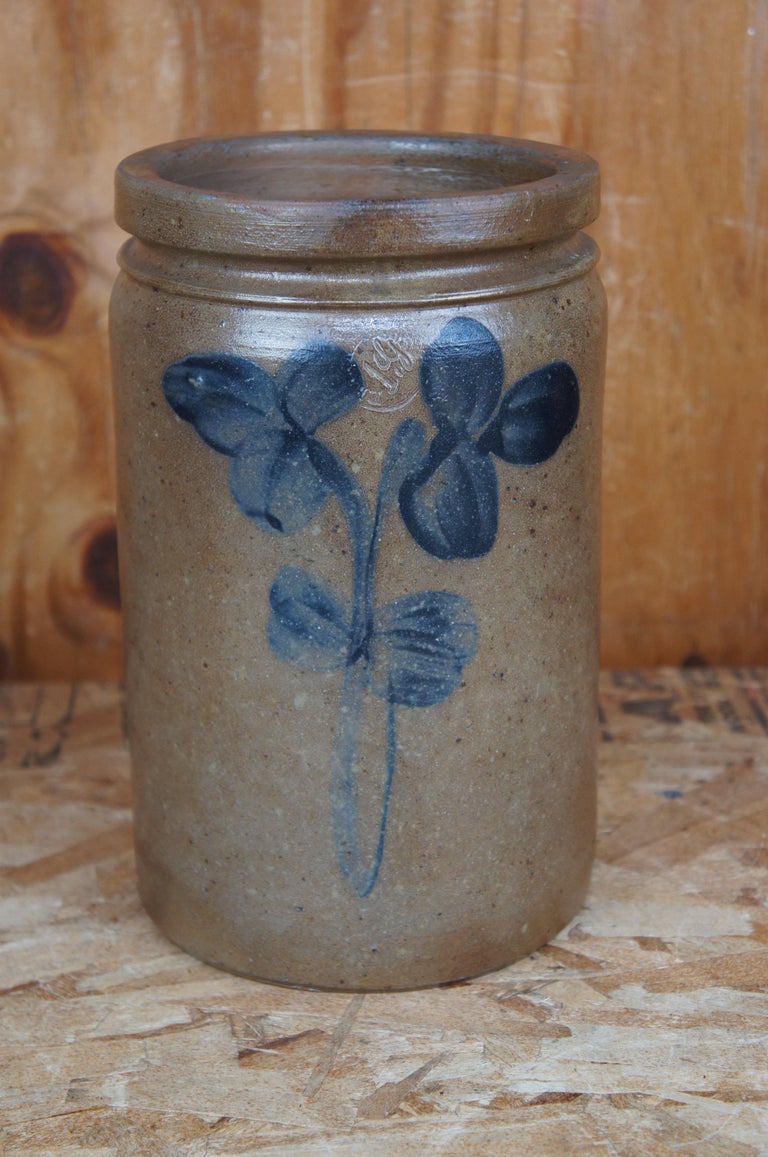 2 Antique 19th C Stoneware Double Clover Peter Herrmann Crock Cobalt ...
