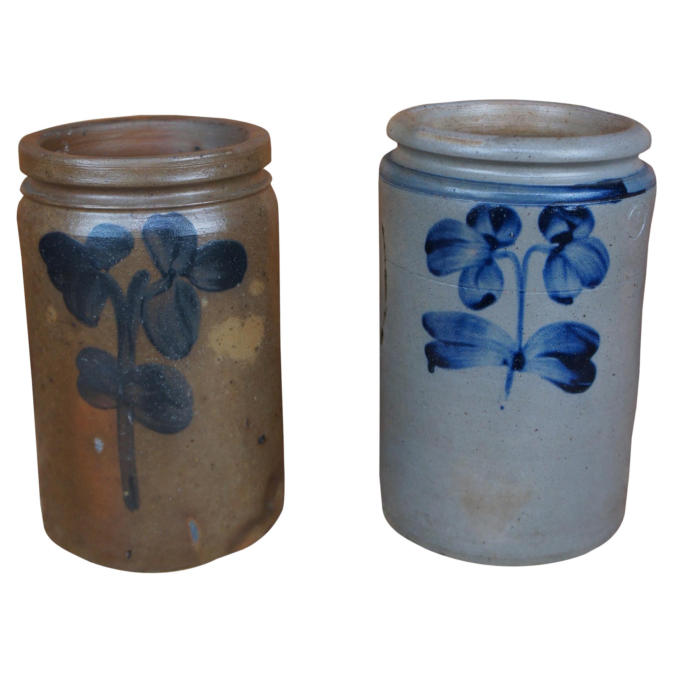 2 Antique 19th C Stoneware Double Clover Peter Herrmann Crock Cobalt ...