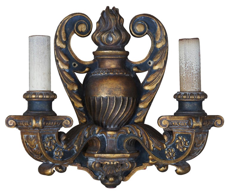 2 Antique Baroque Revival Neoclassical Carved Two Light Candelabra Wall ...