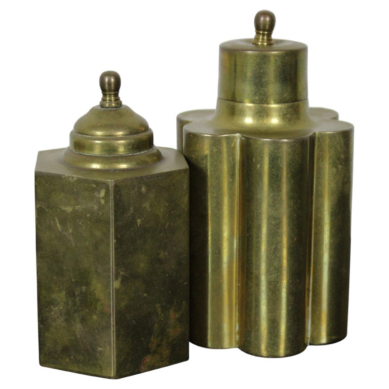 2 Antique Brass Tea Caddy Lidded Canisters Scalloped and Hexagonal ...