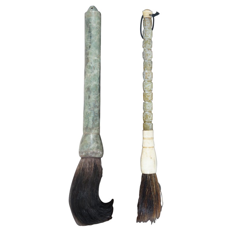 2 Antique Chinese Carved Jade Calligraphy Brushes Horsehair Bristiles ...