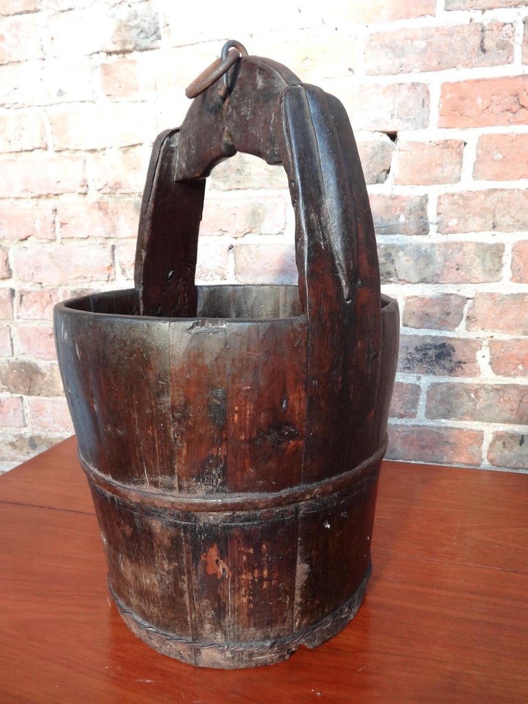 2 Antique Chinese Water Bucket in Dark and Light Wood For Sale at 1stDibs