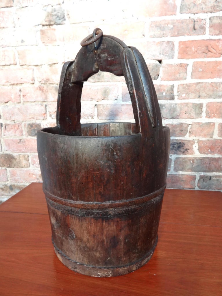 2 Antique Chinese Water Bucket in Dark and Light Wood For Sale at 1stDibs