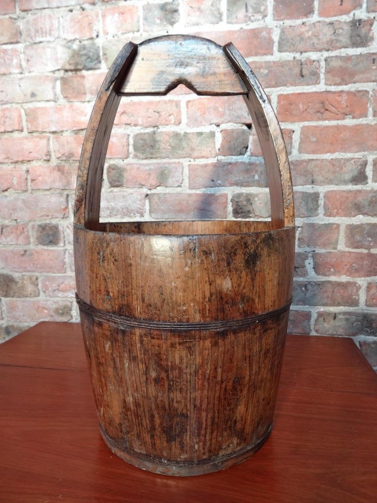 2 Antique Chinese Water Bucket in Dark and Light Wood For Sale at 1stDibs