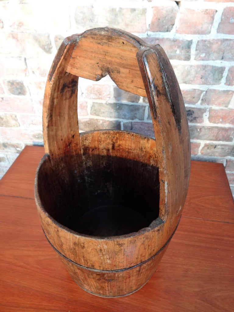 2 Antique Chinese Water Bucket in Dark and Light Wood For Sale at 1stDibs