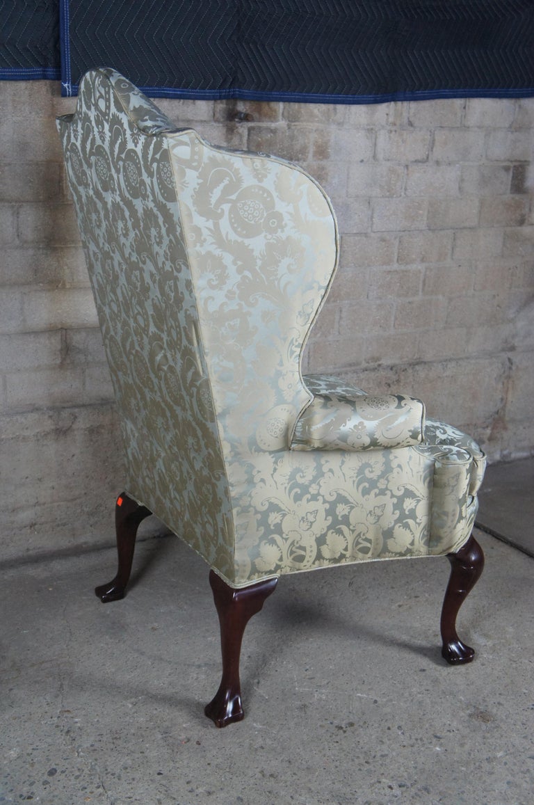 2 Antique Queen Anne Mahogany Wingback Arm Chairs Chippendale Damask ...