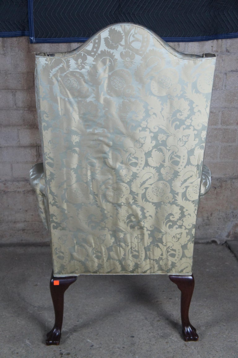 2 Antique Queen Anne Mahogany Wingback Arm Chairs Chippendale Damask ...