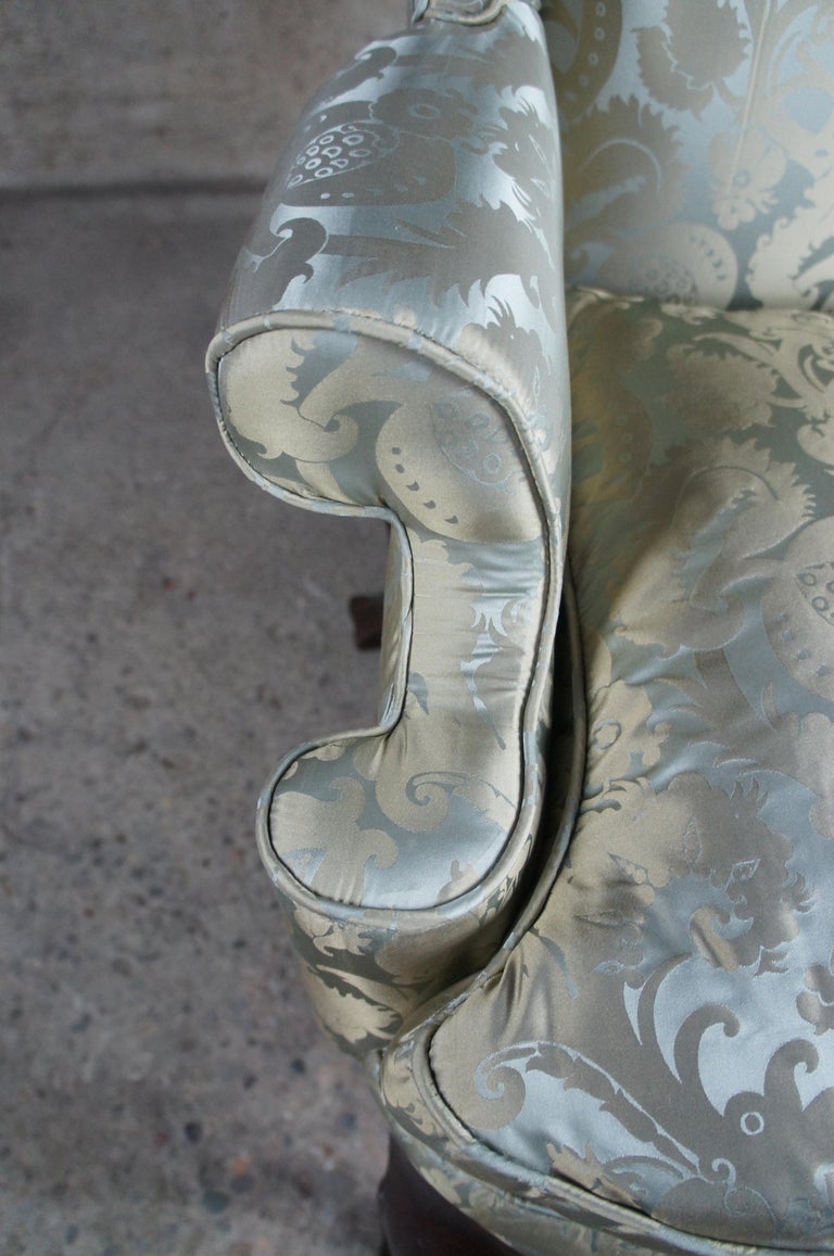 2 Antique Queen Anne Mahogany Wingback Arm Chairs Chippendale Damask ...