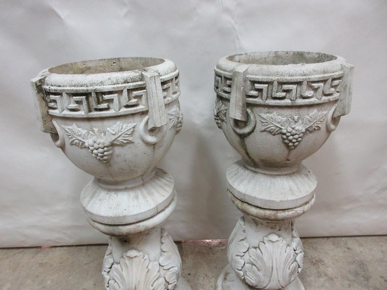2 Antique Concrete Grecian Greek Key Urns and Pedestals at 1stDibs