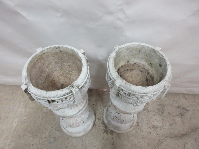 2 Antique Concrete Grecian Greek Key Urns and Pedestals at 1stDibs