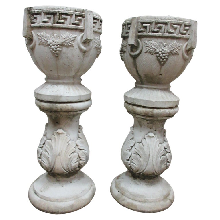 2 Antique Concrete Grecian Greek Key Urns and Pedestals at 1stDibs