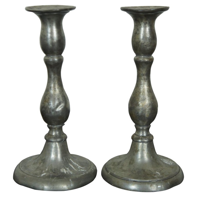 2 Antique Early American Pewter Baluster Taper Candlesticks Candle ...