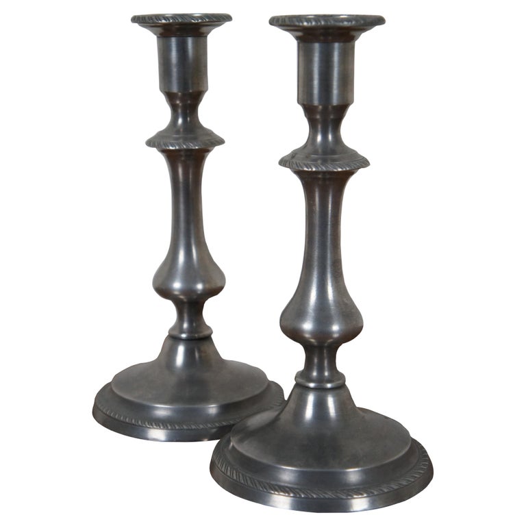 2 Antique Early American Pewter Push Up Taper Candlesticks Candle ...