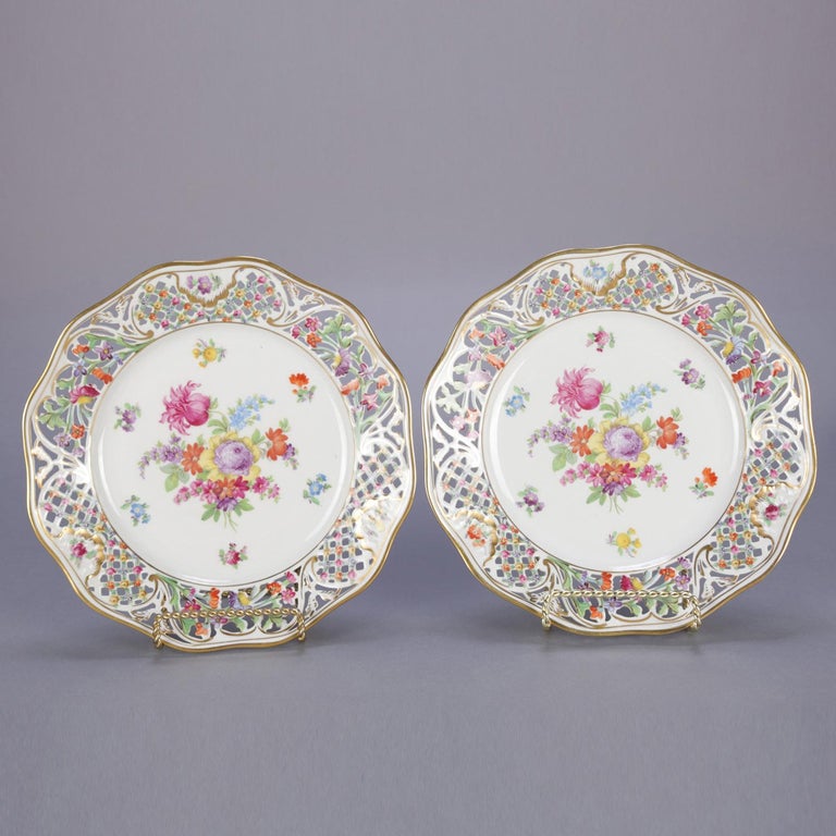 2 Antique German Pierced Hand Painted and Gilt Floral Porcelain Plates ...