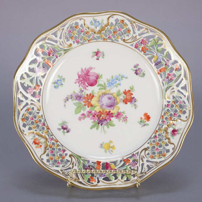 2 Antique German Pierced Hand Painted and Gilt Floral Porcelain Plates ...