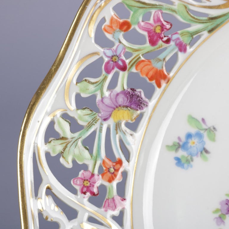 2 Antique German Pierced Hand Painted and Gilt Floral Porcelain Plates ...