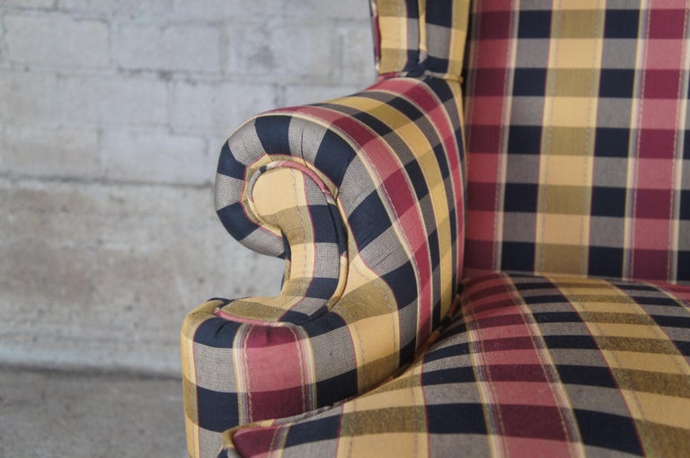 2 Antique Plaid Queen Anne Wingback Library Club Accent Arm Chairs at ...