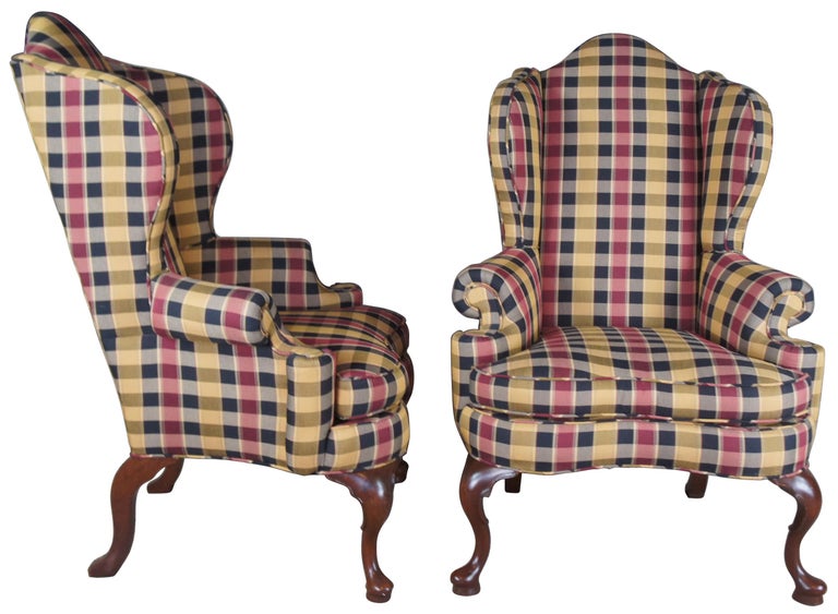 2 Antique Plaid Queen Anne Wingback Library Club Accent Arm Chairs at ...